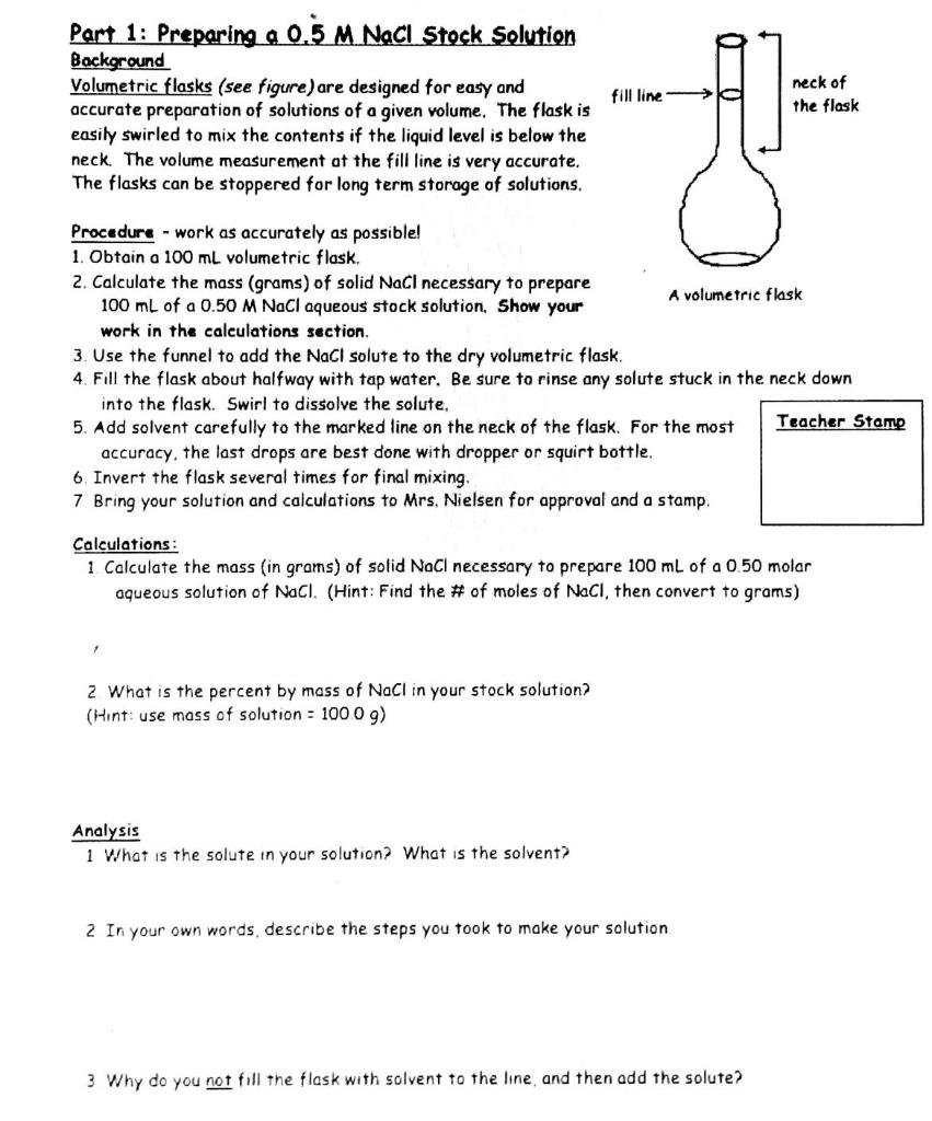 Solved Part 1: Preparing a 0.5 M NaCl Stock Solution | Chegg.com