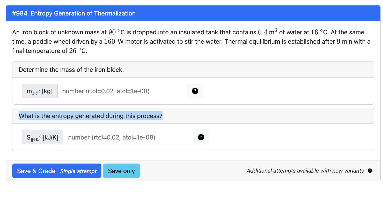 Solved #984. ﻿Entropy Generation of ﻿ThermalizationAn ﻿iron | Chegg.com