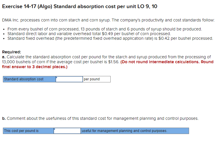 Solved Exercise 14-17 (Algo) Standard absorption cost per | Chegg.com