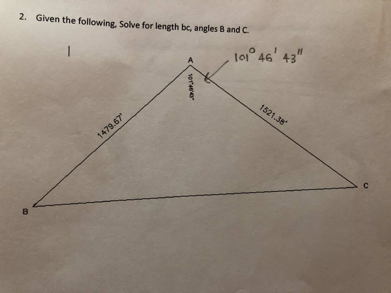 Solved 2. Given the following, Solve for length bc, angles B | Chegg.com