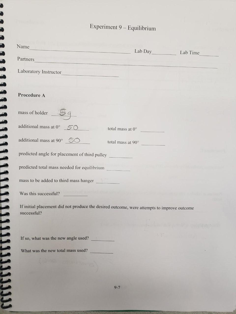Experiment 9 - Equilibrium Name Lab Day Lab Time | Chegg.com