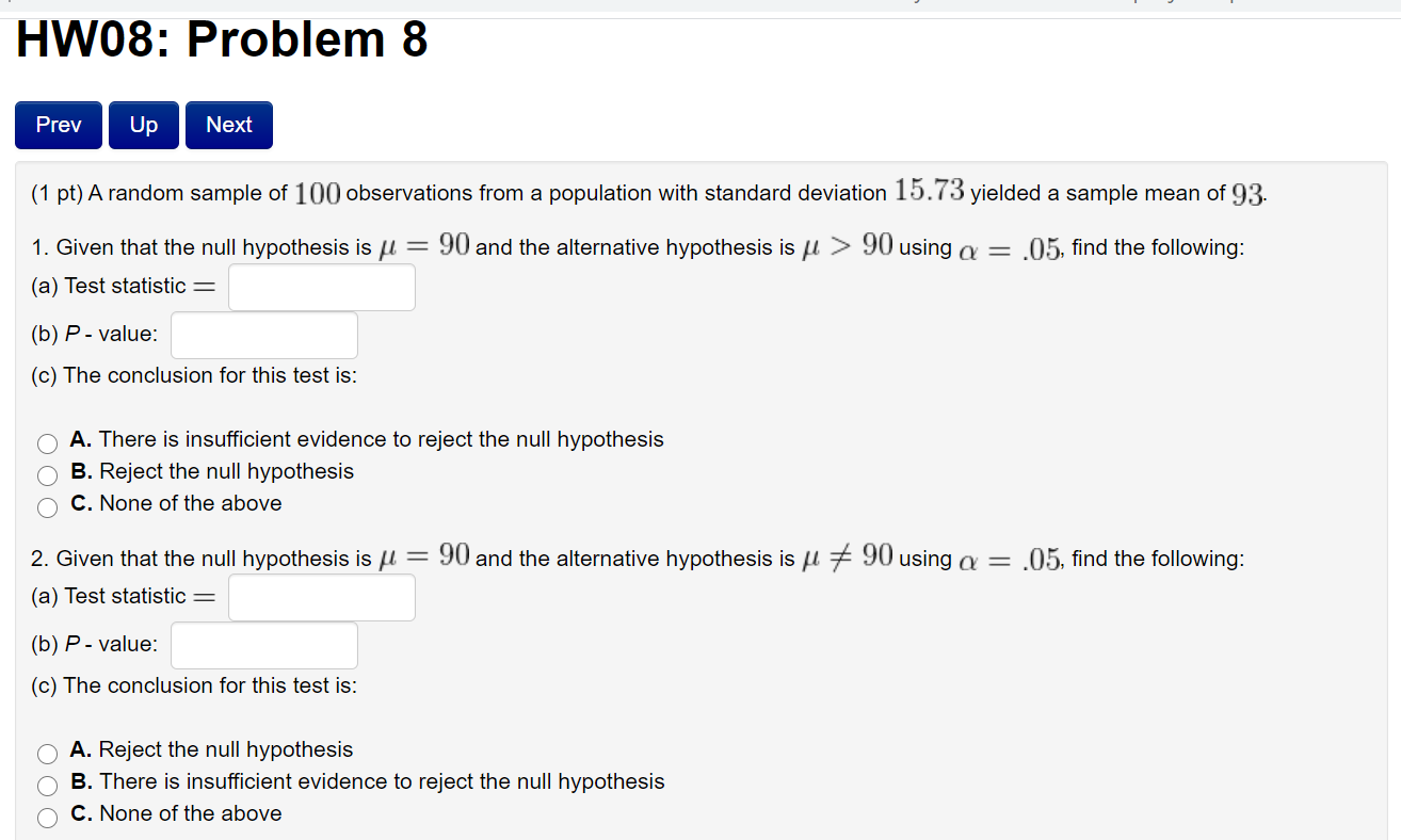 Solved HW08: Problem 8 Prev Up Next (1 pt) A random sample | Chegg.com