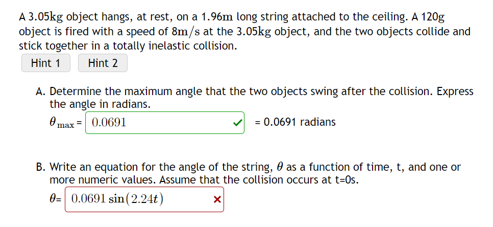 Solved A 3.05 kg object hangs, at rest, on a 1.96 m long | Chegg.com