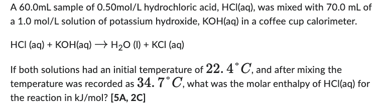 Solved A 60.0 mL sample of 0.50 mol/L hydrochloric acid, | Chegg.com