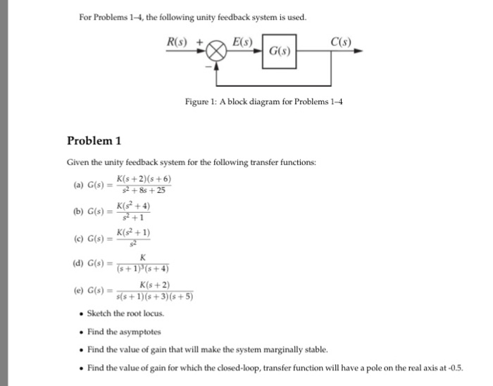 Solved For Problems 1-4, the following unity feedback system | Chegg.com