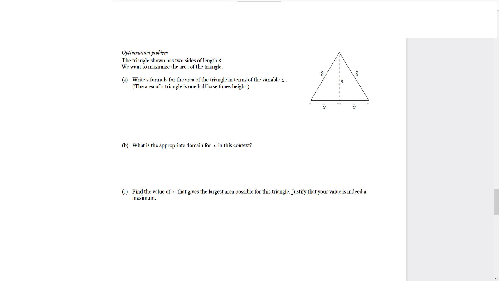 Solved Optimization problem The triangle shown has two sides | Chegg.com