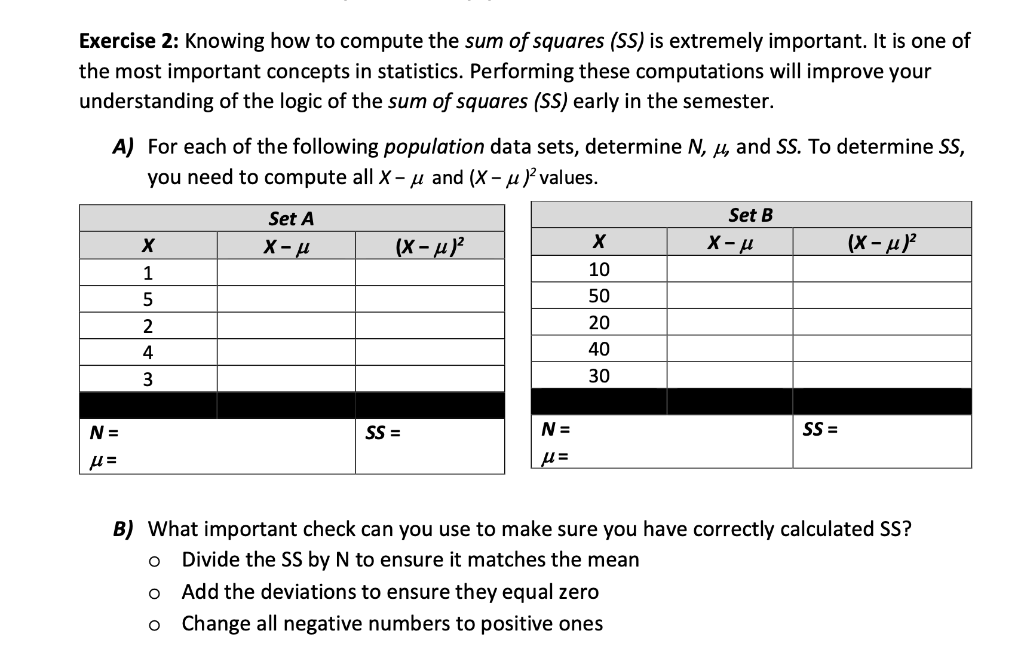 Solved Exercise 2: Knowing how to compute the sum of squares | Chegg.com