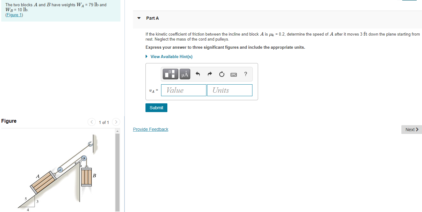 Solved The two blocks A and B have weights WA = 79 lb and WB | Chegg.com