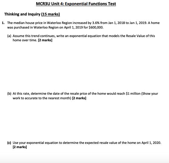 Solved MCR3U Unit 4: Exponential Functions Test Thinking and | Chegg.com