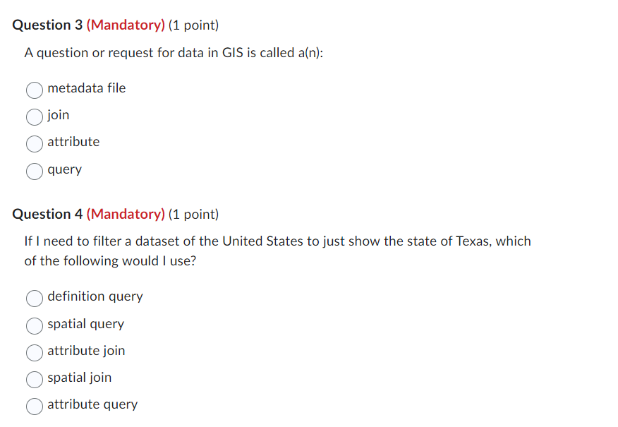 Solved A question or request for data in GIS is called a(n): | Chegg.com