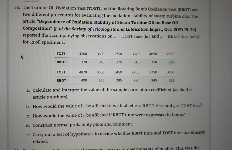 Solved 58. The Turbine Oil Oxidation Test (TOST) and the | Chegg.com