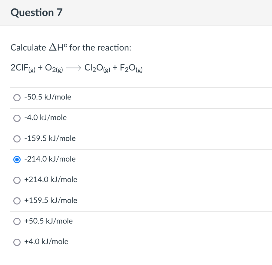 Solved Calculate ΔH∘ for the reaction: 2ClF(g)+O2( | Chegg.com