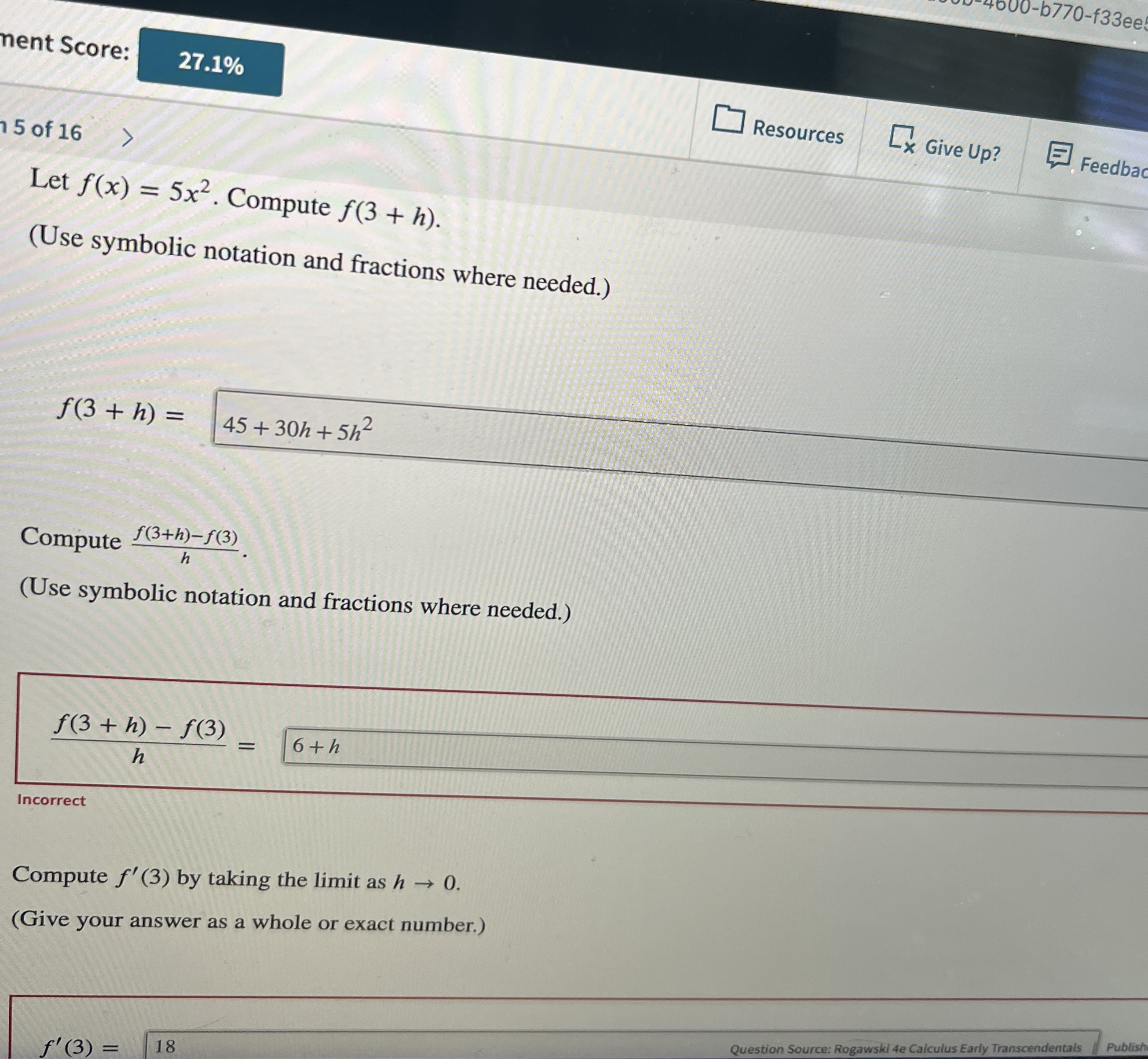 Solved Let f(x)=5x2. Compute f(3+h). (Use symbolic notation | Chegg.com
