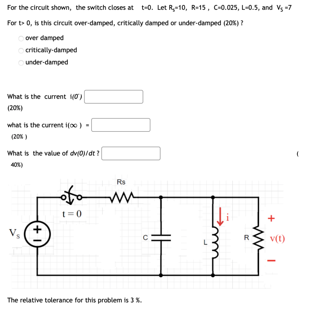 Solved For the circuit shown, the switch closes at t=0. Let | Chegg.com