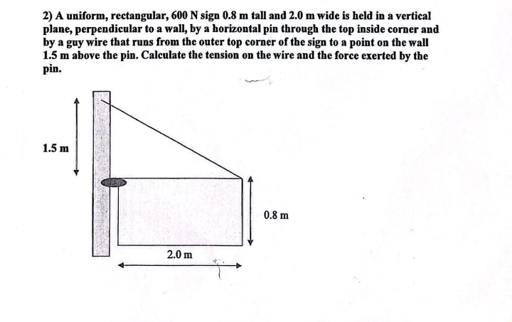 Solved 2) A uniform, rectangular, 600 N sign 0.8 m tall and | Chegg.com