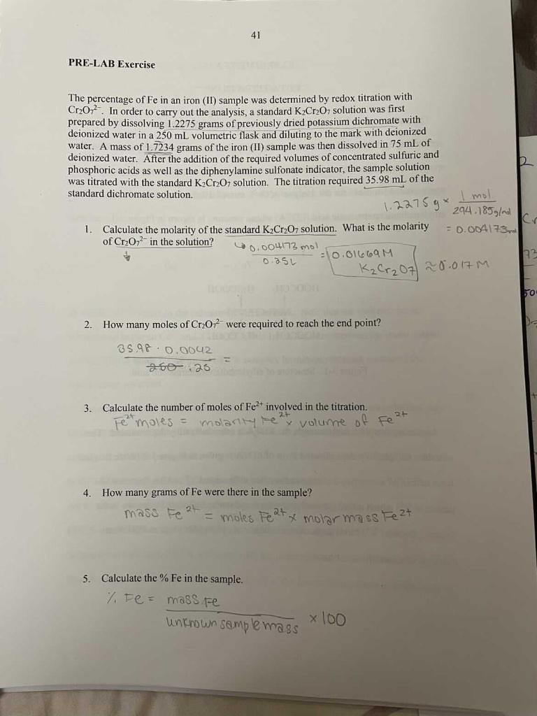 Solved 41 PRE-LAB Exercise The percentage of Fe in an iron | Chegg.com