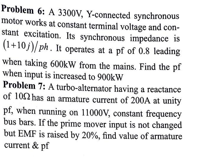 Solved Problem 6: A 3300V, Y-connected synchronous motor | Chegg.com
