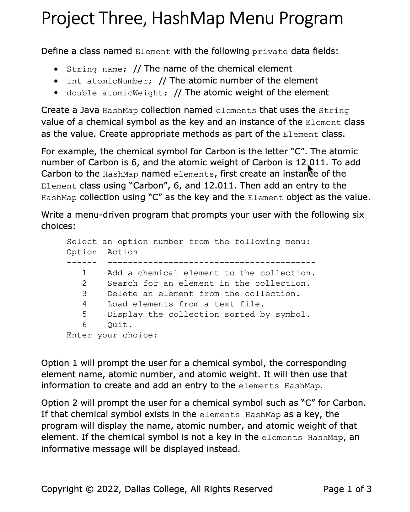 Solved Project Three, HashMap Menu Program Define a class | Chegg.com