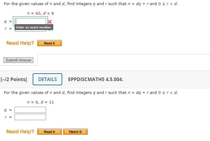 Solved For the given values of n and d, find integers q and | Chegg.com