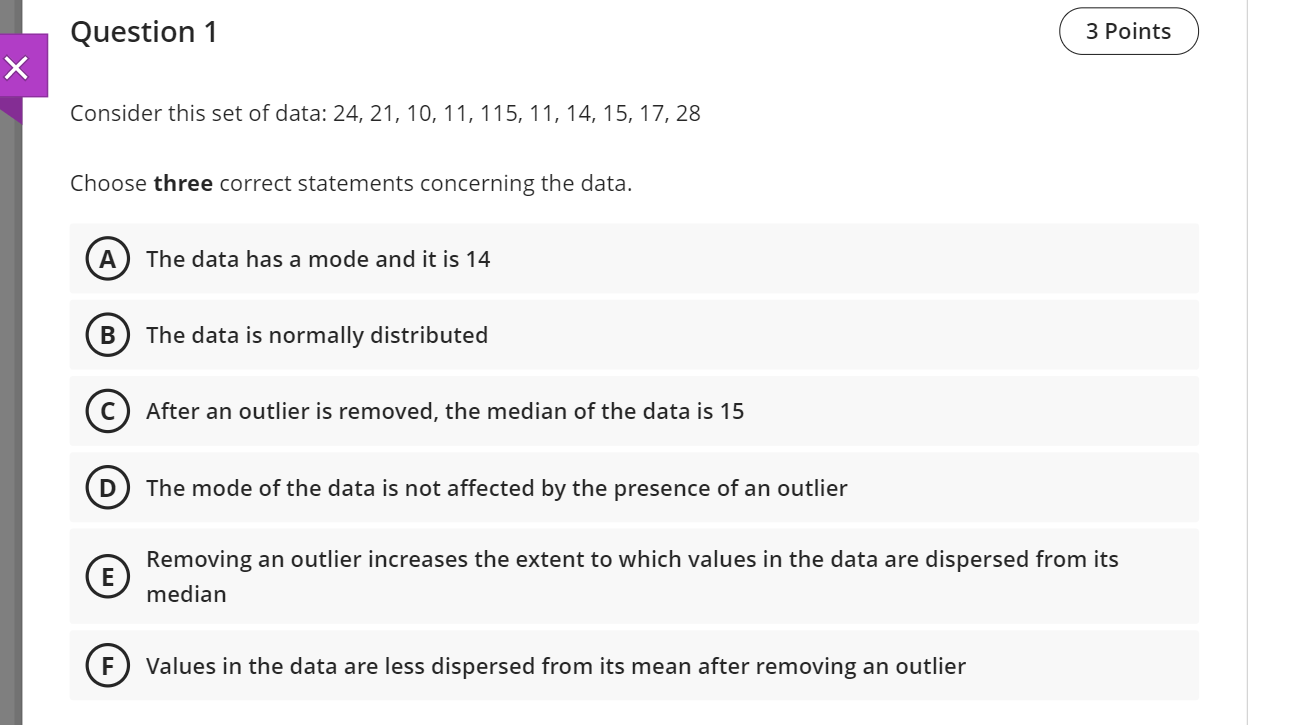 Solved Question 1 3 Points х Consider this set of data: 24, | Chegg.com