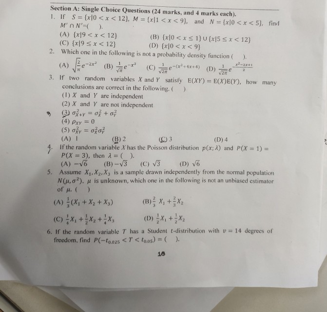 Solved Section A: Single Choice Questions (24 marks, and 4 | Chegg.com