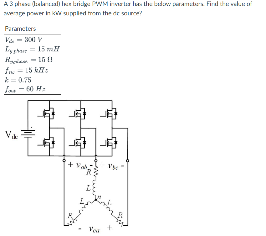 Solved A 3 phase (balanced) hex bridge PWM inverter has the | Chegg.com