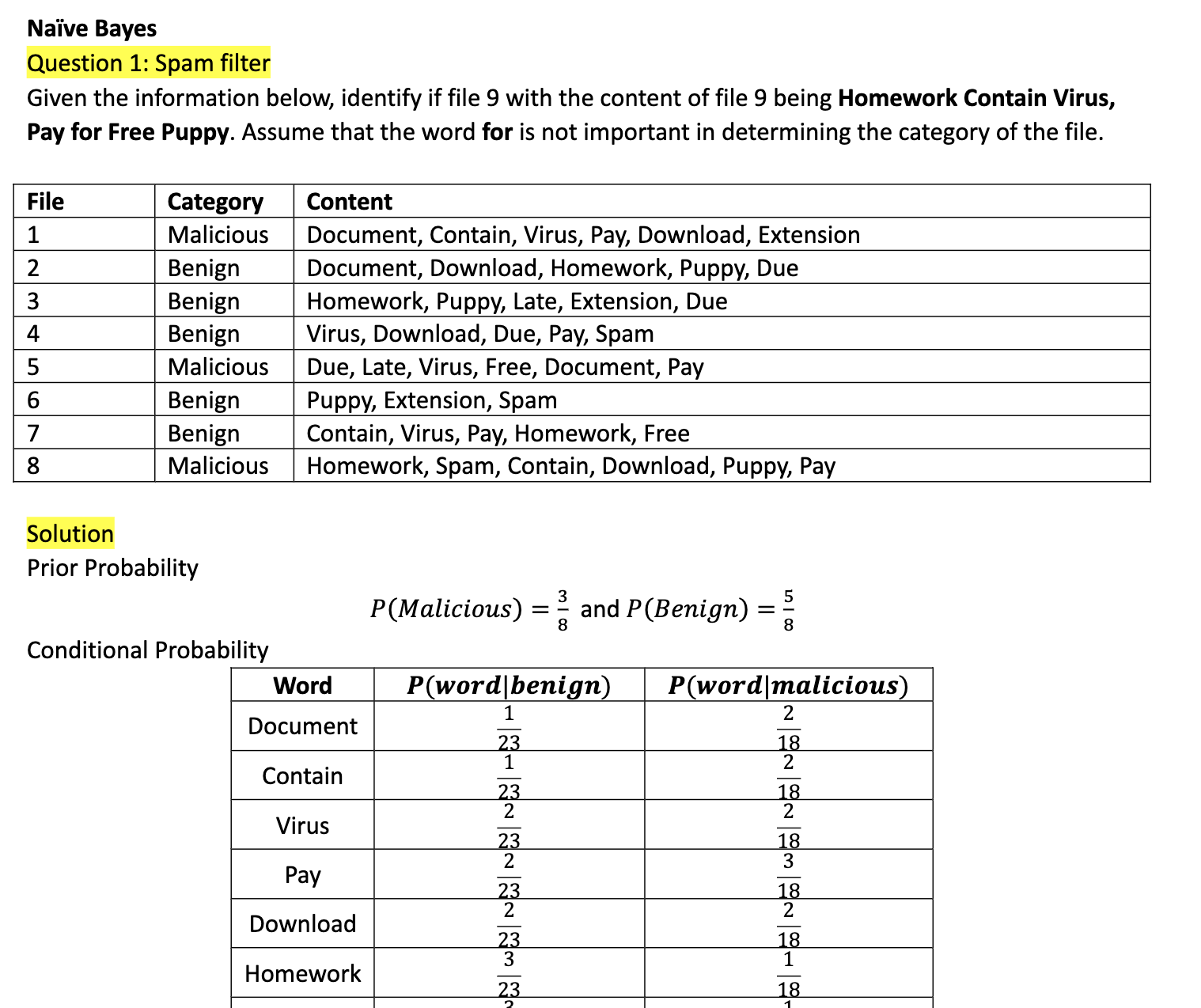 Solved How to get P(Document | benign) = 1/23? And how to | Chegg.com