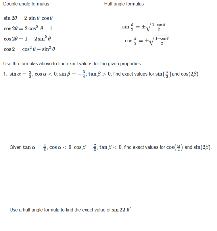 Solved Double angle formulas Half angle formulas sin 20 = 2 | Chegg.com