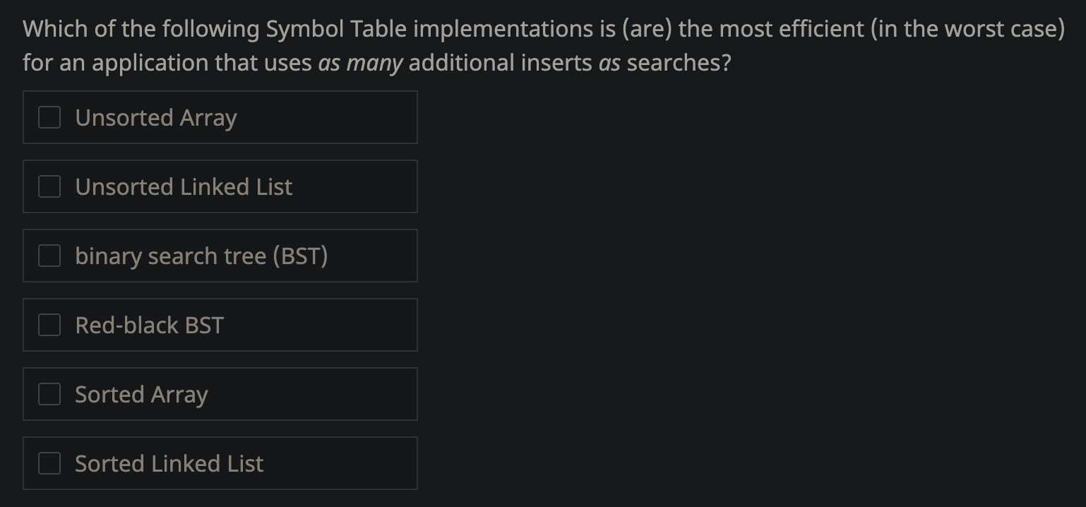 Solved Which of the following Symbol Table implementations | Chegg.com