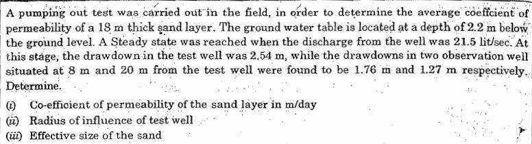 Solved A pumping out test was carried out in the field, in | Chegg.com