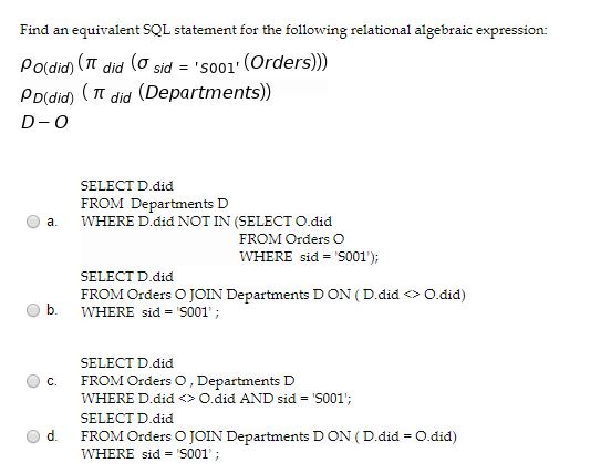 Solved Find an equivalent SQL statement for the following | Chegg.com