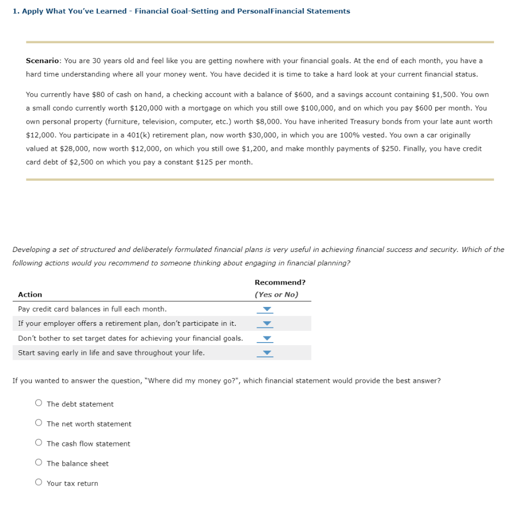 1. Apply What You've Learned - Financial Goal-Setting | Chegg.com