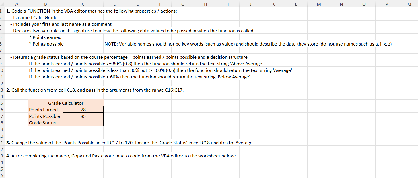 Solved A B C D E F G H 1 K N O PQ 1. Code a FUNCTION in the | Chegg.com