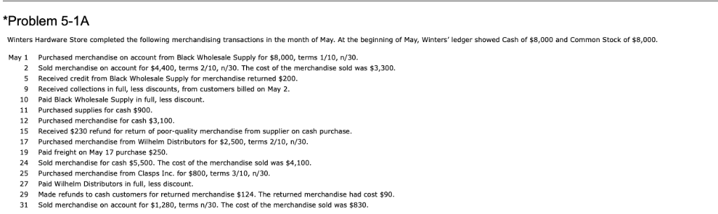 Solved Problem 5-1A Winters Hardware Store completed the | Chegg.com