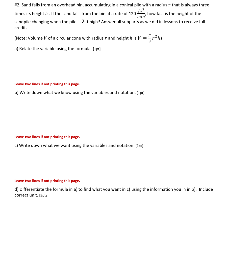 Solved #2. Sand falls from an overhead bin, accumulating in | Chegg.com