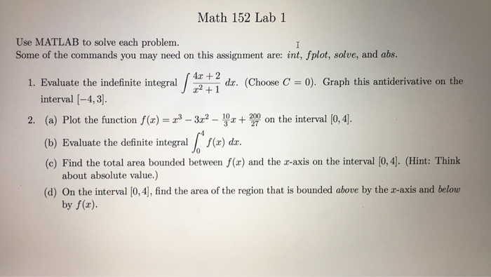 Solved Math 152 Lab 1 Use MATLAB to solve each problem. Some | Chegg.com