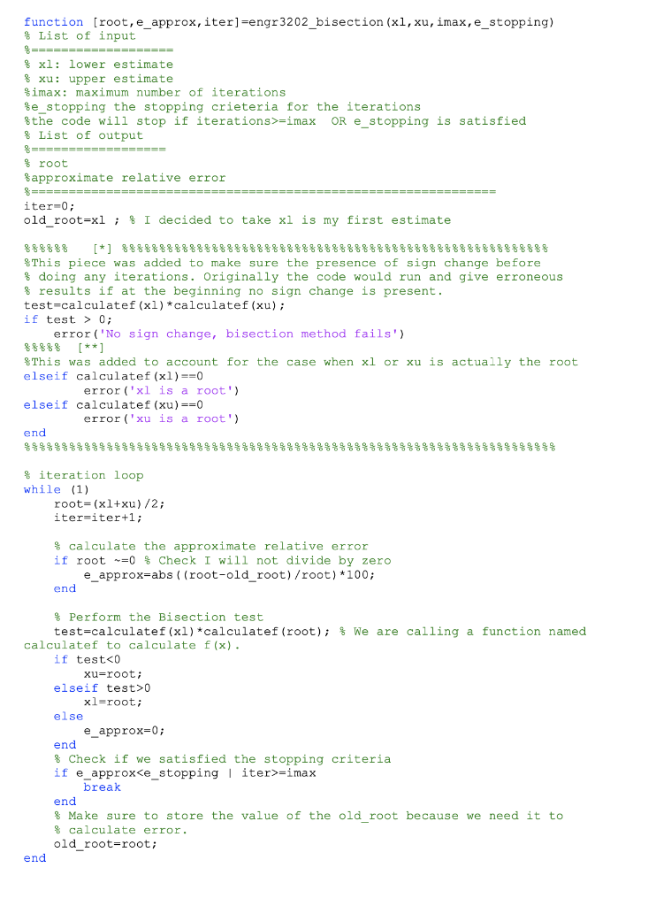 Solved 을 function [root, e_approx, iter]=engr3202_bisection | Chegg.com