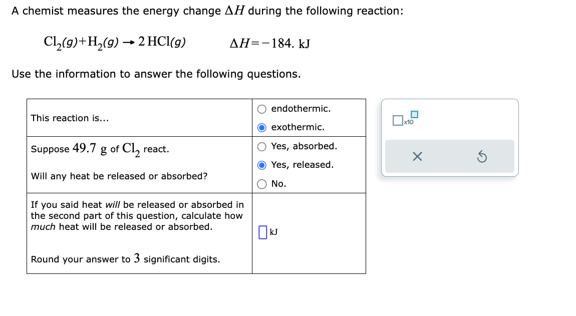 Solved Cl2(g)+H2(g)→2HCl(g)ΔH=−184.kJ Use the information to | Chegg.com