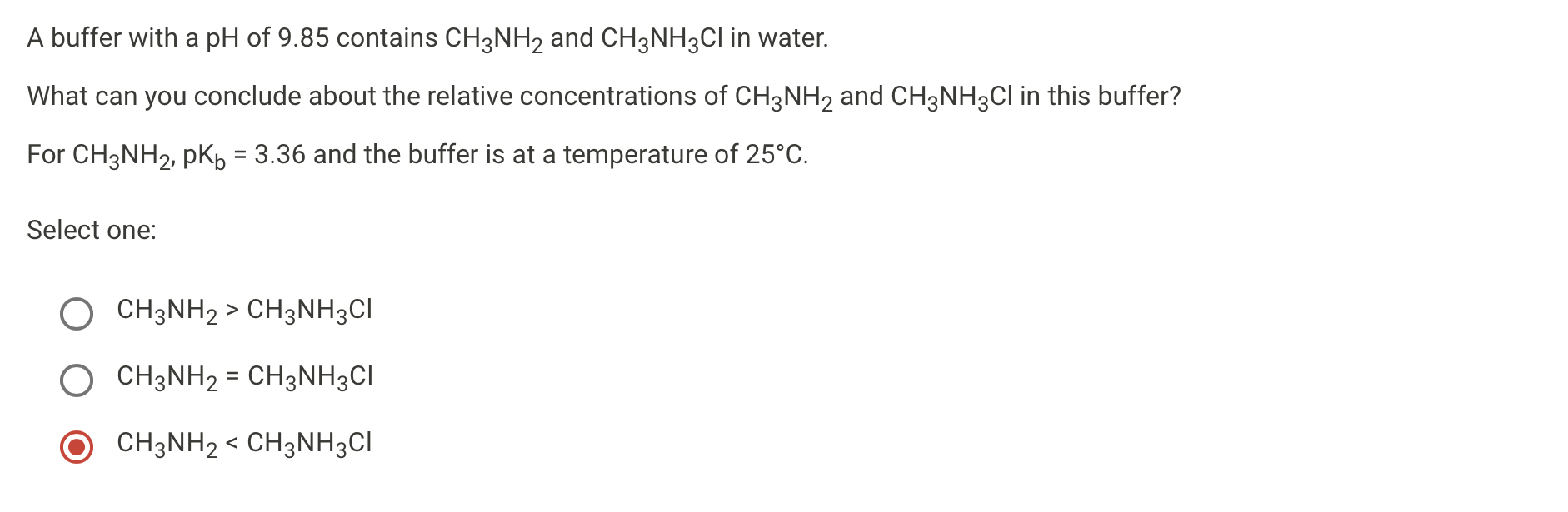 Solved A buffer with a pH of 9.85 contains CH3NH2 and | Chegg.com