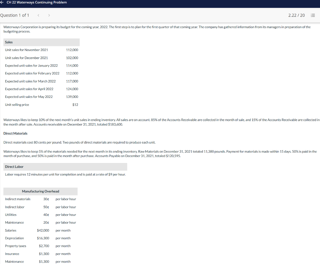 CH22 Waterways Continuing Problem 1 of 1_C | Chegg.com