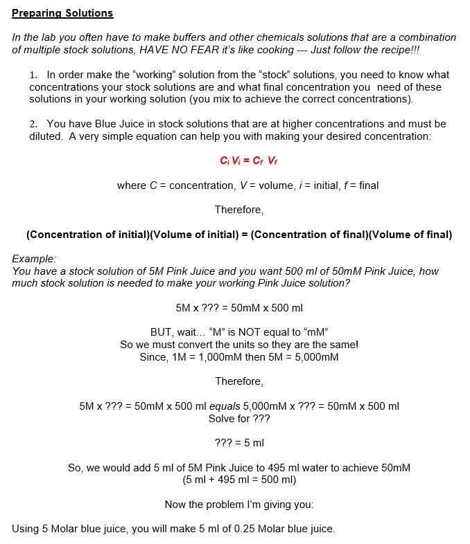 Solved Preparing Solutions In the lab you often have to make | Chegg.com