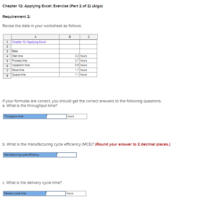 Solved Chapter 12: Applylng Excel: Exerclse (Part 2 of 2) | Chegg.com