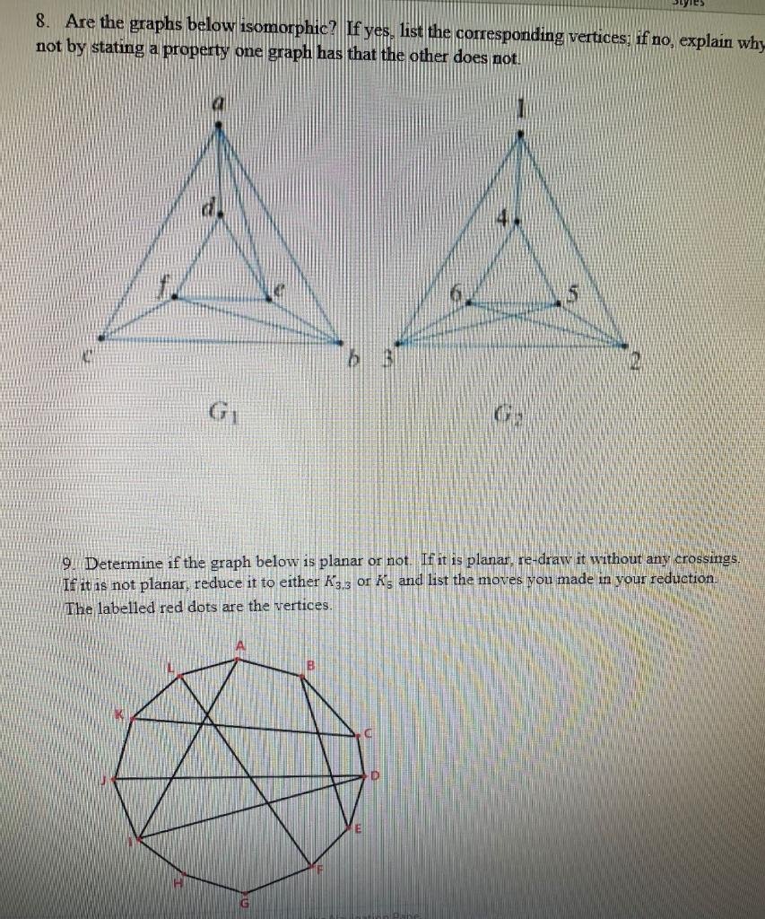Solved 8. Are the graphs below isomorphic? If yes, list the | Chegg.com