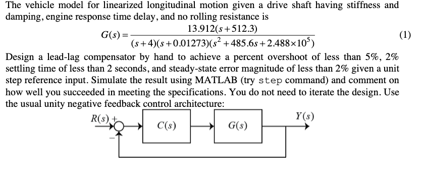 The vehicle model for linearized longitudinal motion | Chegg.com
