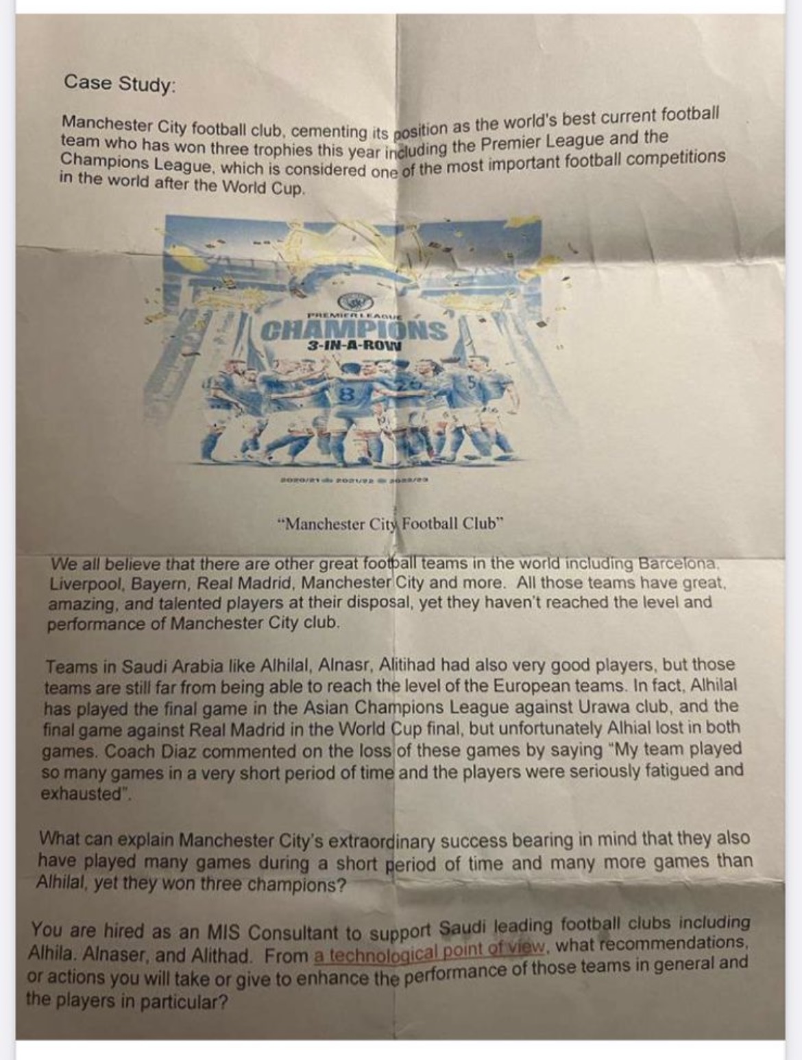 Solved Case Study: Manchester City football club, cementing | Chegg.com