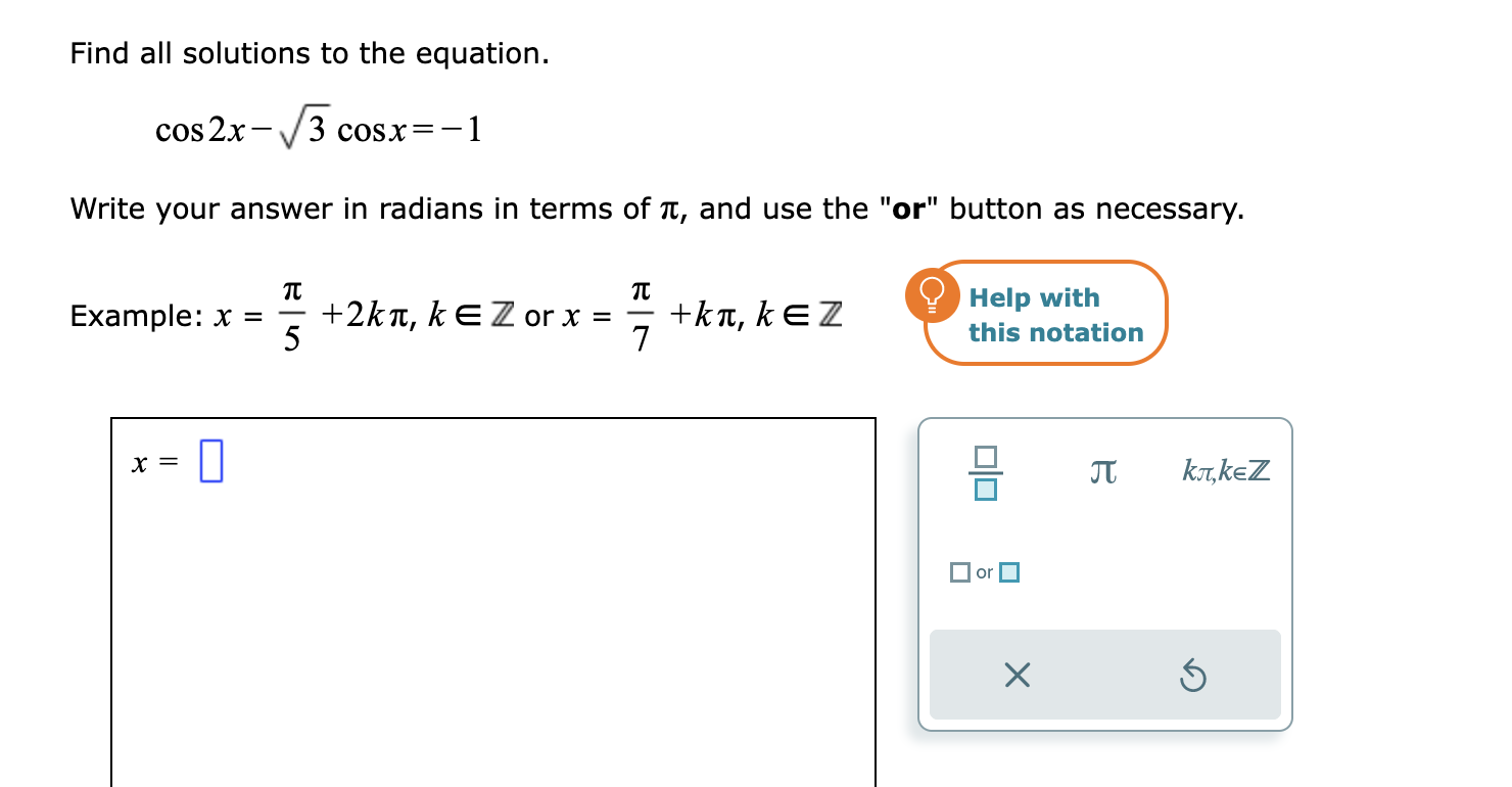 Solved Find all solutions to the equation. cos2x−3cosx=−1 | Chegg.com