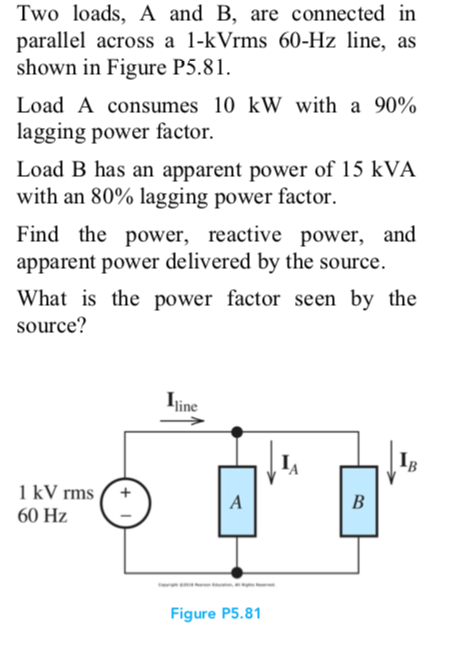 Solved Two loads, A and B, are connected in parallel across | Chegg.com