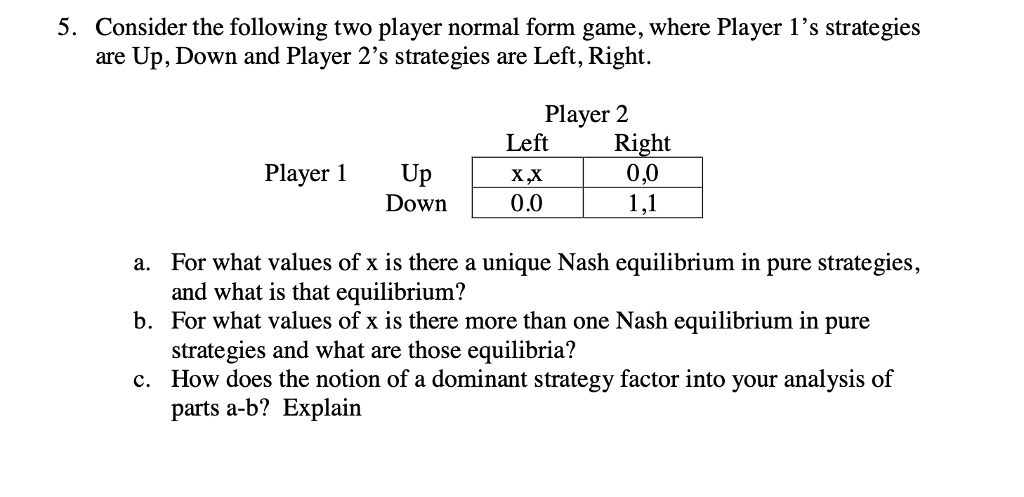 Solved 5. Consider the following two player normal form | Chegg.com