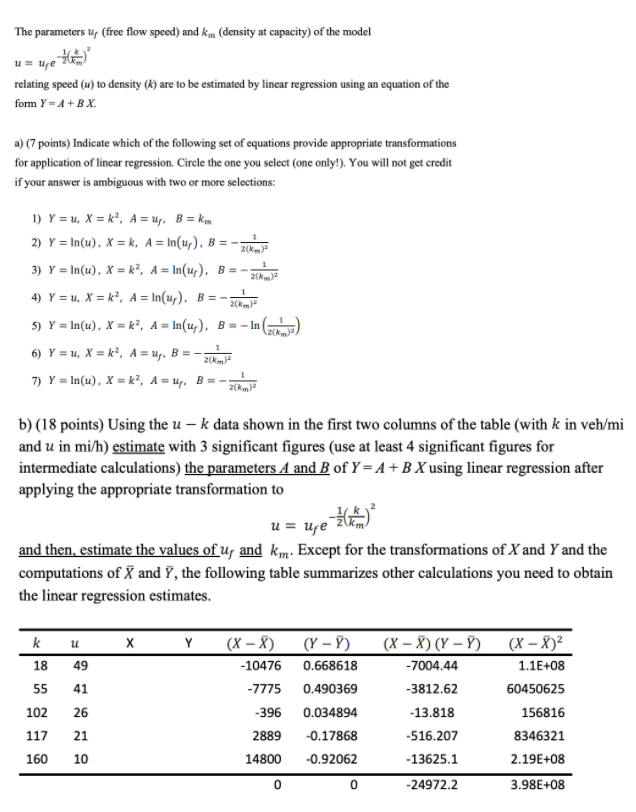 (free flow speed) and kn (density at capacity) of the | Chegg.com