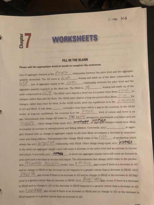 Solved WORKSHEETS FILL IN THE BLANK Please add the | Chegg.com